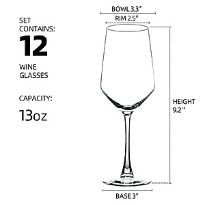 YANGNAY Wine Glasses (Set of 12, 13 Oz), Clear Wine Glasses for Red or White Wine, Smooth Rim, Dishwasher Safe