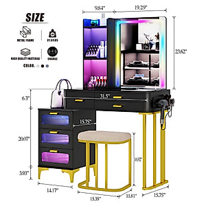 Makeup Vanity Desk with Lights: Vanity Table with Mirror - Dressing Table with Wireless Charging Station & RGB Lights Mobile Vanity with Drawer Glass-Top Design Girls Black Vanity for Bedroom