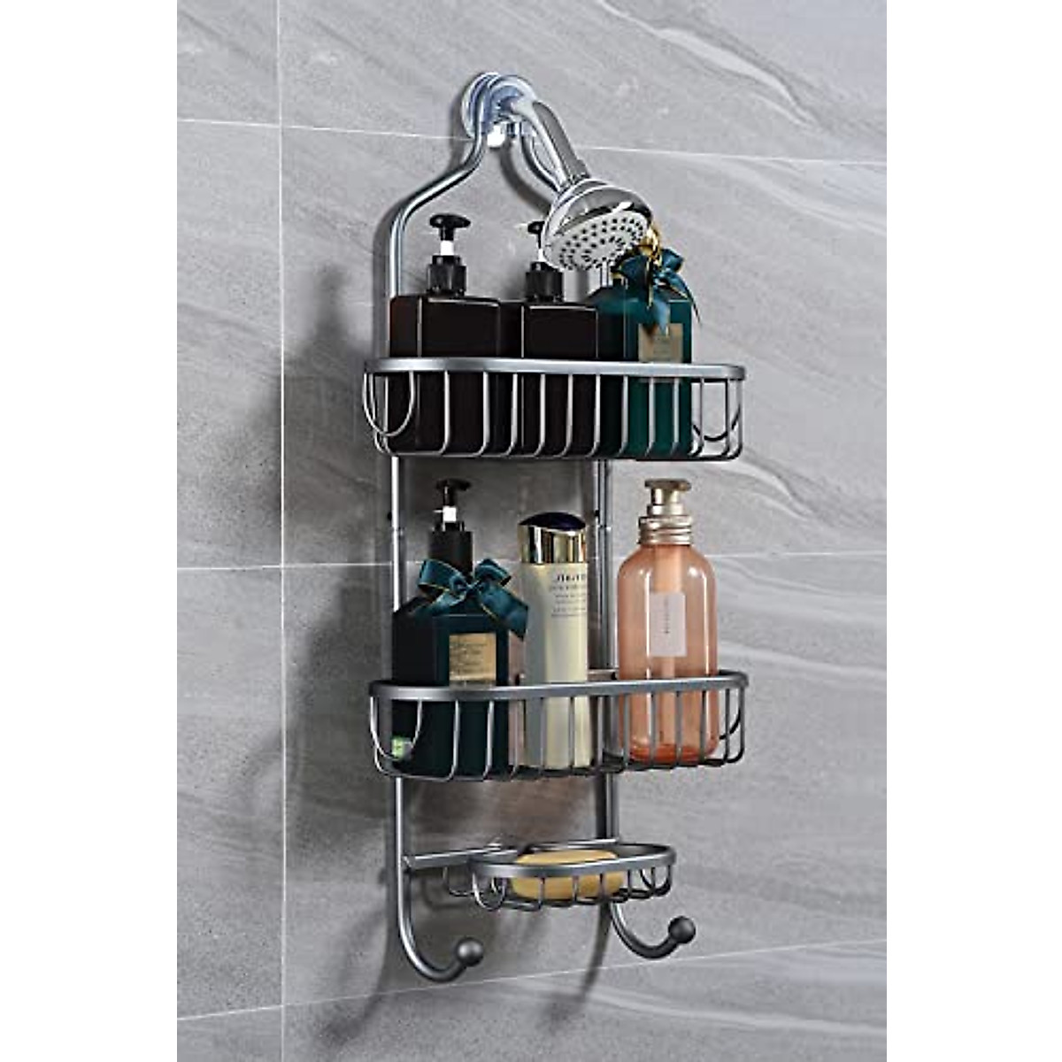 GOODBUY Shower Caddy Over Shower Head, Aluminum Shower Organizer Hanging, Rustproof Shower Rack Shower Shelf Shower Holder for Shampoo and Soap with 2 Wash Cloth Hooks, Gray, 11.8" x 4.7" x 25"