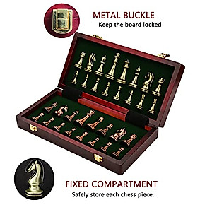 Chess Set for Adult and Kid, 13.5" Folding Wooden Chess Board with Zinc Alloy Metal Chess Pieces, Portable Travel Chess Board Game