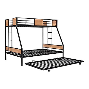 WIILAYOK Metal Bunk Bed Twin Over Full Bunk Bed with Trundle,Heavy Duty Metal Bunk Bed Frame with Safety Rail and Two-Side Ladders for Kids Teens Adults (Black)
