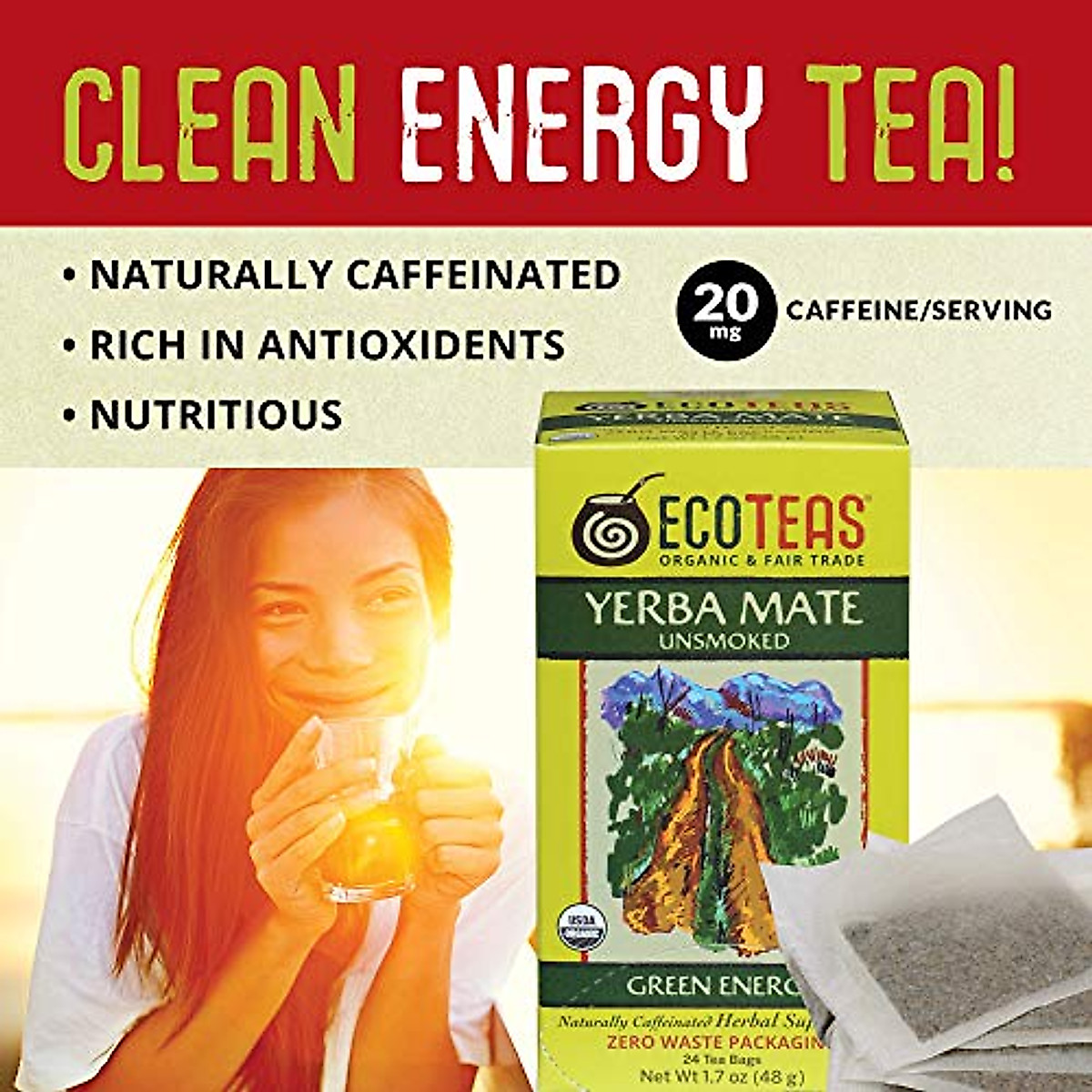ECOTEAS Organic Unsmoked Yerba Mate Tea Bags - 24 Count, 1.7 Oz - Organic Detox Tea - Hi Caf Tea - Clean Yerba Mate Energy Burst - Ecoteas Yerba Mate