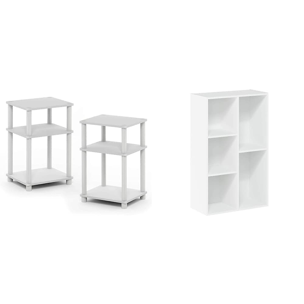 Furinno Just 3-Tier Turn-N-Tube End Table / Side Table / Night Stand / Bedside Table with Plastic Poles, 2-Pack, White/White and Furinno Luder Bookcase / Book / Storage, 5-Cube, White
