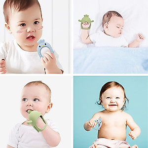 2PCS Chick Shape Baby Teething Toys, Never Drop Hand Wrist Teether, Baby Chew Toys for Sucking Needs, Silicone Baby Mitten Teether for Soothing Teething Pain Relief, Easy to Grip (Green/Blue)