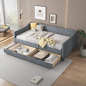 Jintop Twin Size Upholstered Daybed with 2 Drawers and Button Tufted Back,Elegant Wood Storage Sofa Bed Frame w/Waved Shape Arms,Slat Support,for Apartment,Bedroom,Light Grey