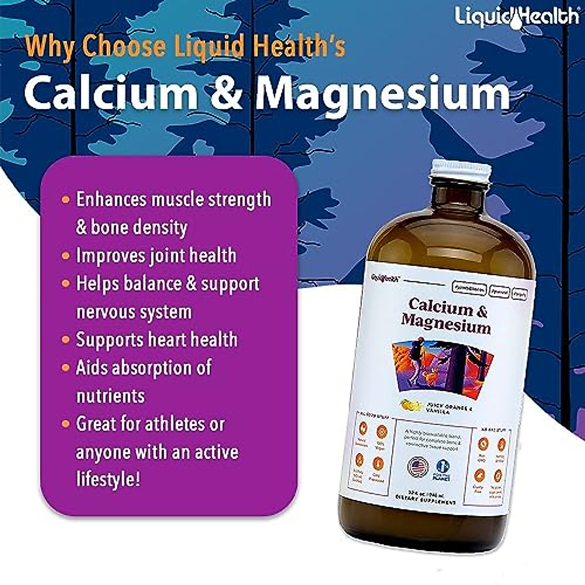 LIQUIDHEALTH 32 Fl Oz Calcium and Magnesium Liquid Supplement Joint and Bones Tissue Support, Citrate Vegetarian Natural Non GMO, Vitamin D3