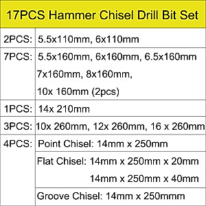 Hammer Drill Bit Set SDS Plus Rotary Bit Carbide-Tipped Double Flute 17Pcs Chisels Concrete Masonry Hole Tool with Storage Case