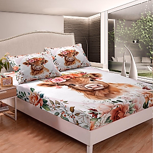 Feelyou Cute Highland Cow Fitted Sheet Twin Size Kids Cartoon Animal Bedding Set for Boys Girls Teens Flower Floral Print Bed Sheet Set Farm Zoo Garden Theme Bed Cover Deep Pocket Room Decor