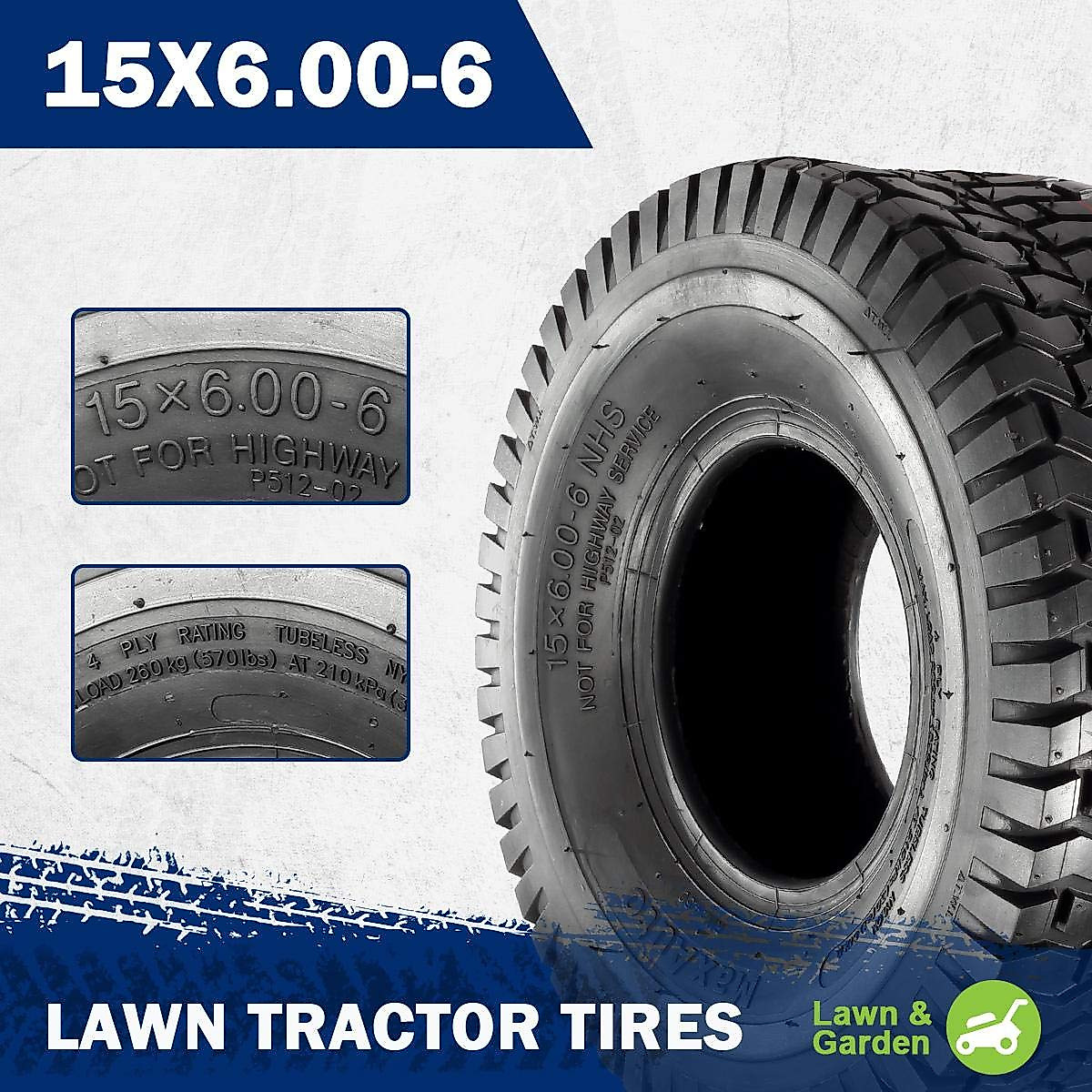 MaxAuto 15x6.00-6nhs Lawn Mower Tires 15x6x6 Lawn Tractor Tire 15x6-6 Turf Tires, 4 Ply Tubeless Tire, 570 lbs Capacity, Set of 2