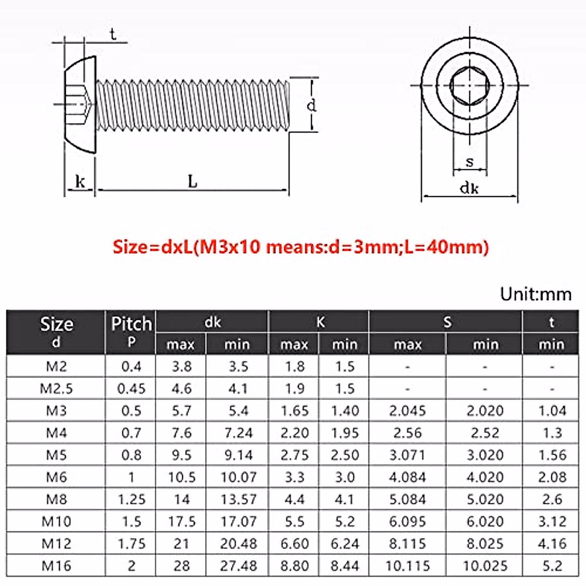 M3x30 Button Head Hex Socket Drive Screws 304 Stainless Steel Button Head Cap Screws (Pack of 100)