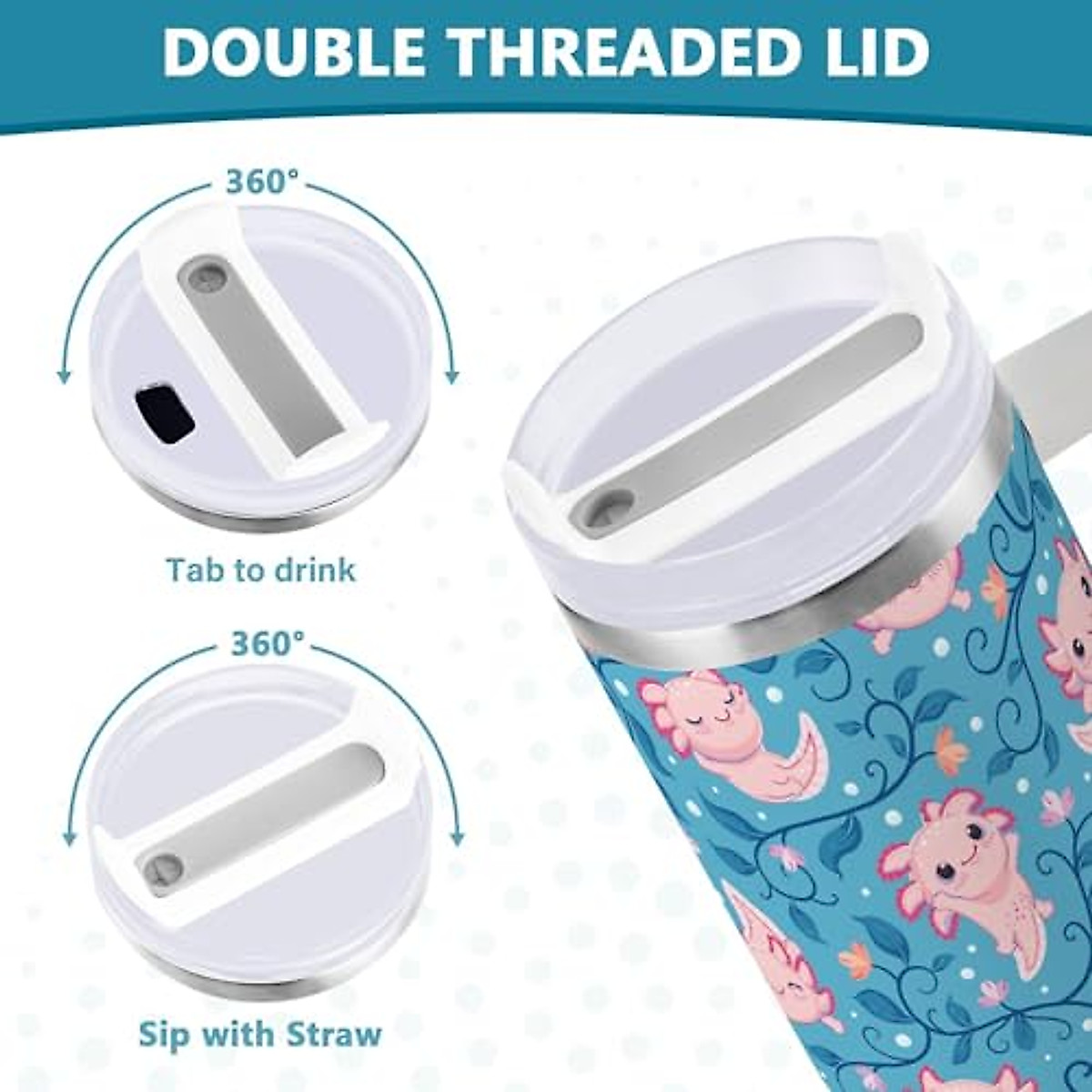 Slewiaeky Tumbler with Handle 40 oz Cute Axolotls Ocean Travel Mug with Lid and Straw Stainless Steel Vacuum Insulated Water Bottle Cup for Iced Tea Coffee Cold Beverages Cup Holder Friendly