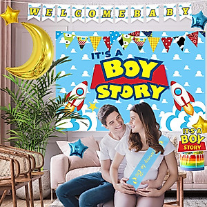 Party Inspo Cartoon Toy Baby Shower Decorations, It’s A Boy Toy Themed Story Decorations for Boy Backdrop Balloon Garland Banner Box Cutout Tablecloth Cake Cupcake Topper, Blue