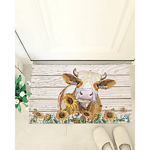 Fluffy Bath Rug Cow Sunflower Farm Flowers Animals Plank,Non Slip Shag Carpet Soft Floor Door Mat Pastoral Country Farmhouse,Absorbent Entrance Rugs for Kitchen Bathroom Living Room 24x35in