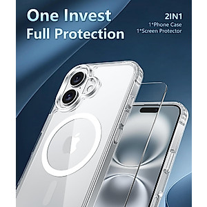 FNTCASE for iPhone 16 Case: Clear Magnetic Military Grade Drop Protection Anti Yellowing Slim Case - Rugged Shockproof Protective Transparent Cell Phone Cover(Clear)