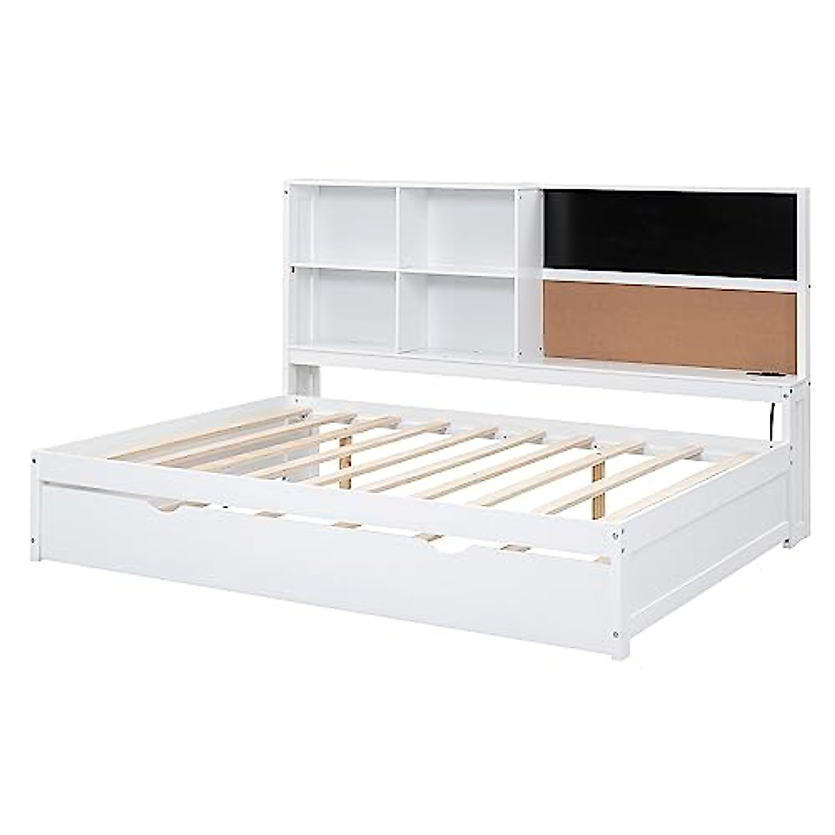 BOVZA Wooden Full Size Daybed with Twin Trundle, USB Ports, Storage Shelves, Blackboard, Cork Board, White