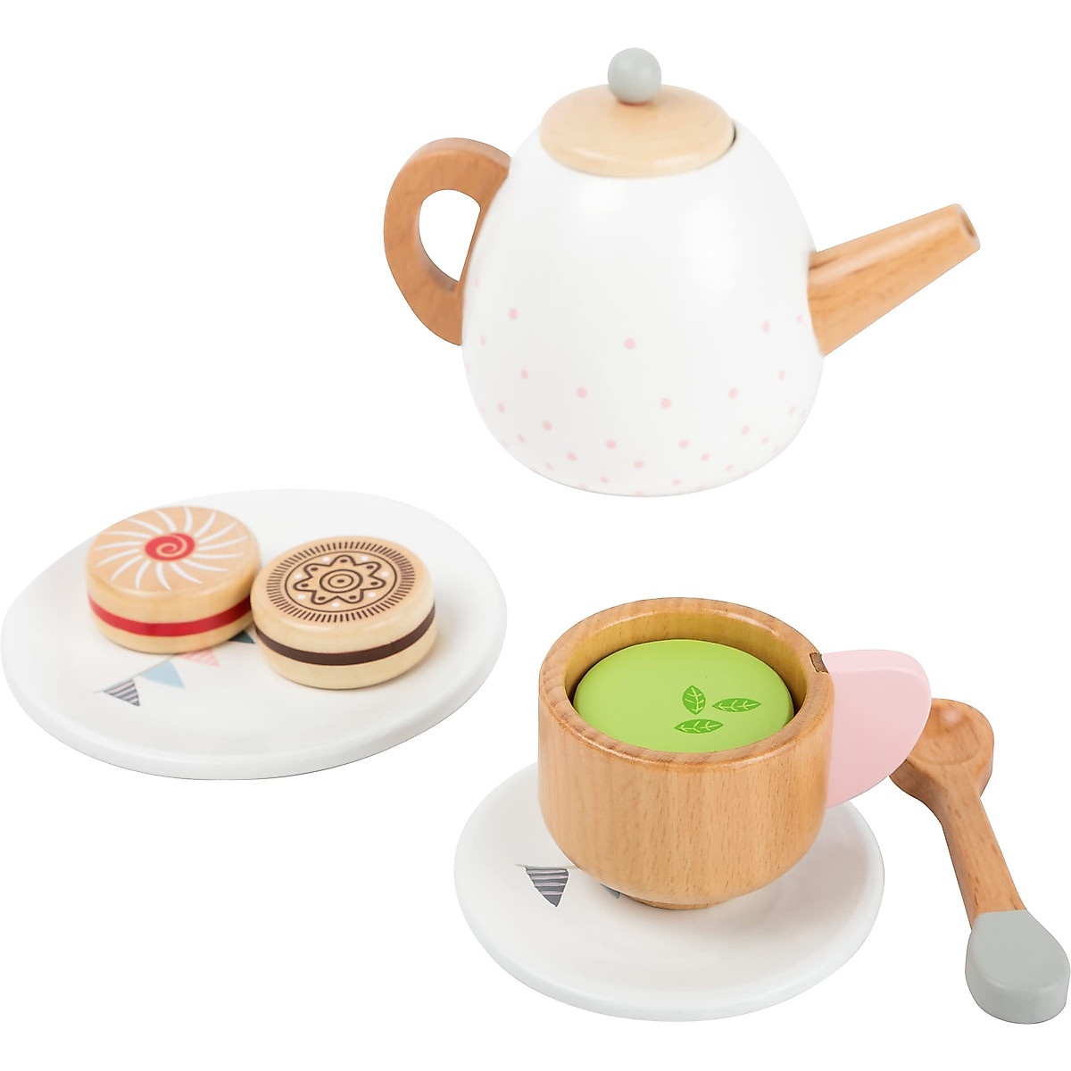 Small Foot Wooden Toys-Premium 17 Piece Toy Tea Playset- Deluxe Play Pretend Food Set includes Tea Pot, Cookies, Plates and Teacup-Ideal for Toddlers 3+