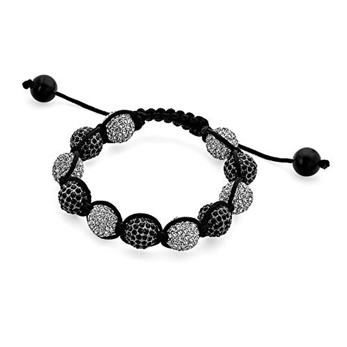 Bling Jewelry Black And White 10MM Pave Crystal Disco Ball Shamballa Inspired Bracelet For Women For Men Black Cord String Adjustable
