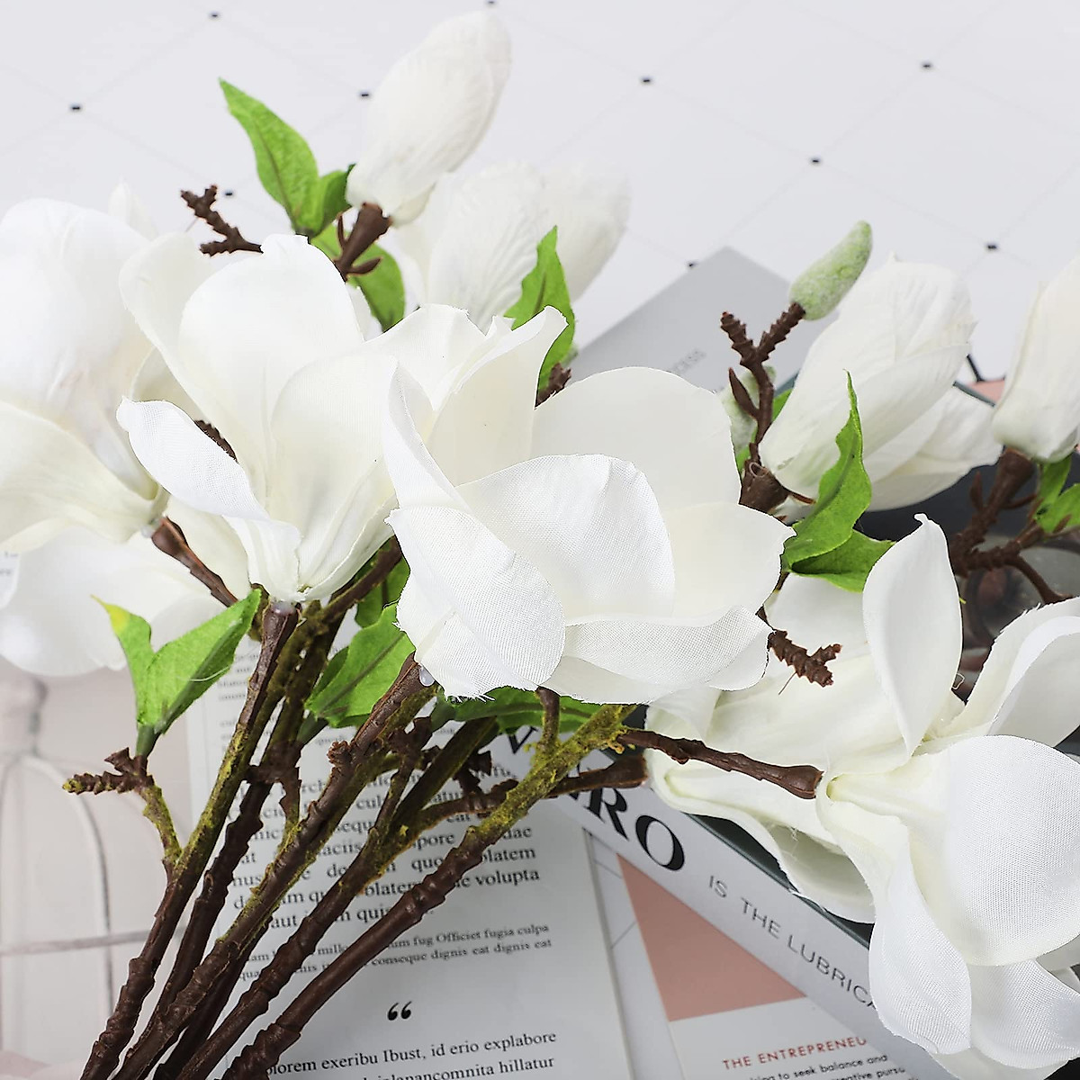 6 Stems Artificial 2 Head Magnolia Flowers, Realistic Silk Flower Bouquet for Floral Arrangements Home Table Decor Photo Props,White