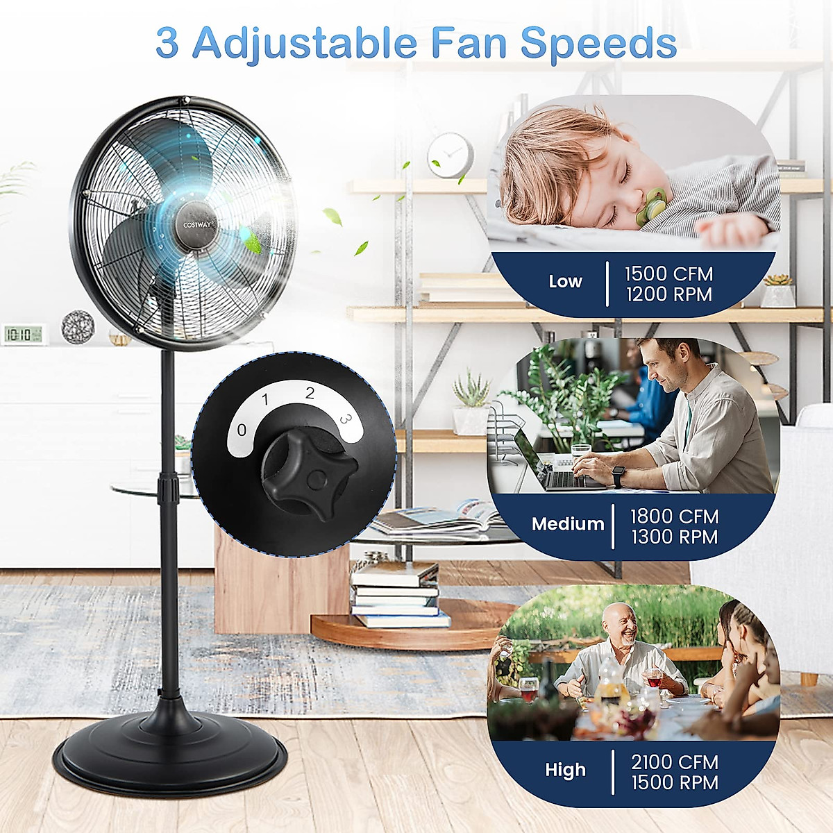 COSTWAY Outdoor Misting Fan, 20-Inch Pedestal Fan with Adjustable Height, 3 Speeds, 90° Oscillation, Rustproof Steel Frame and 6.5 FT Water Inlet Pipe, Oscillating Fan for Cooling Outdoor Spaces