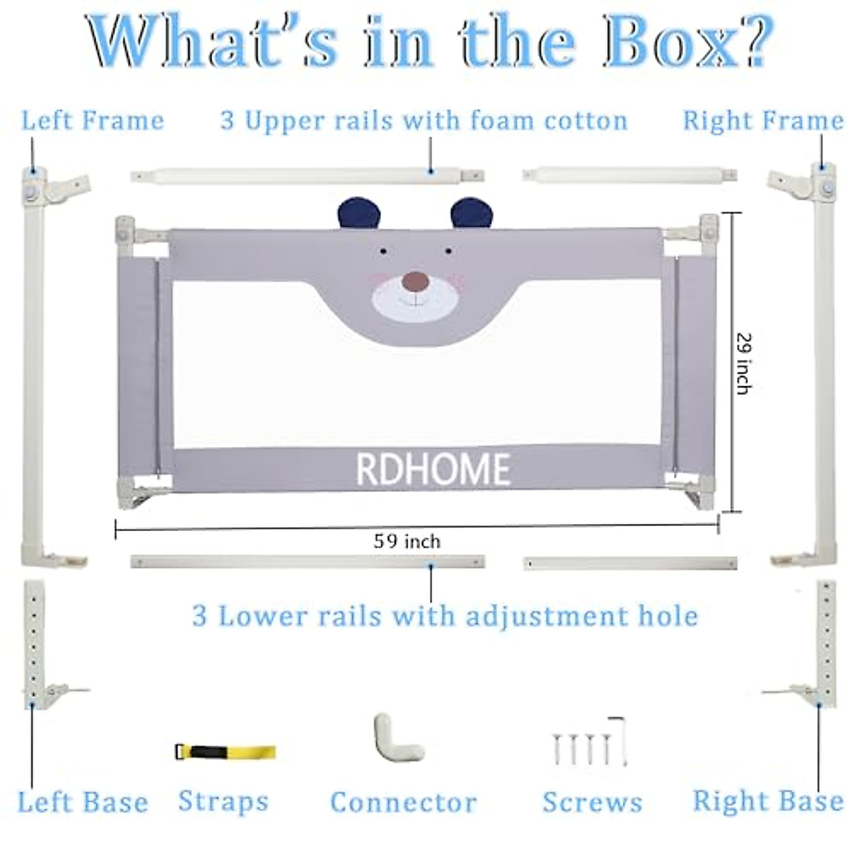 RDHOME 59" Bed Rails for Toddlers Safety Baby Bed Guard, Vertical Lifting Bed Guardrail for Kids, Collapsible Double Lock Bedrail Fits Queen Size Bed (1 Piece)