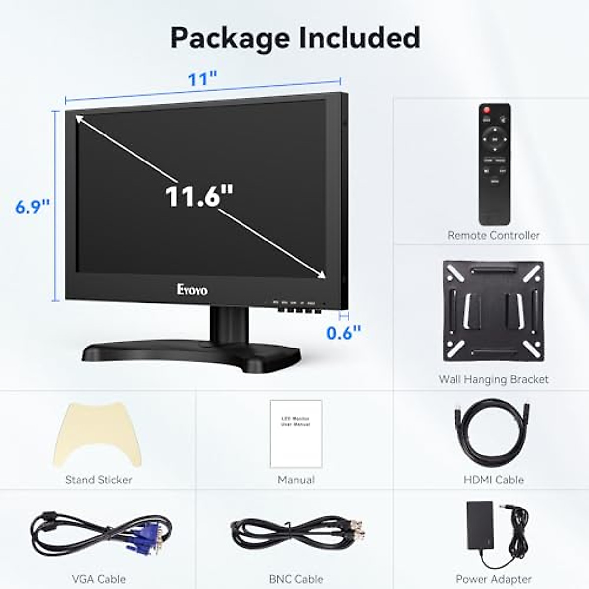 Eyoyo Small TV Monitor 12 inch Security Camera Monitor 1920x1080 IPS Computer Screen with HDMI VGA BNC AV USB Ports Metal Housing Mini LED Monitors Built in Speakers CCTV Monitors for Home Office