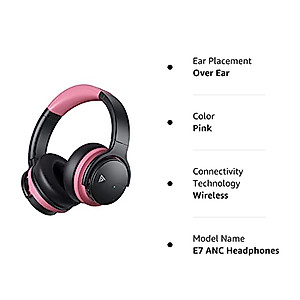 PurelySound E7 Active Noise Cancelling Headphones, Wireless Over Ear Bluetooth Headphones, 20H Playtime, Rich Deep Bass, Comfortable Memory Foam Ear Cups for Travel, Home Office -Pink