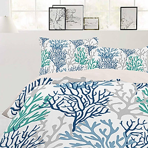 DecorLovee California King Duvet Cover Set - Blue Teal Grey Coral Coastal 4 Pcs Comforter Cover Bedding Sets, Summer Beach Nautical Ocean Microfiber Bed Sheet Soft Quilt Cover with 2 Pillow Shams