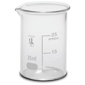 25ml Beaker, Low Form Griffin, Borosilicate 3.3 Glass, Spout & Printed Graduations, Karter Scientific 232N3 (Pack 12)