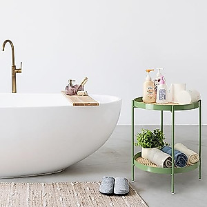 danpinera Metal Side Table, Imitation Rattan Green End Table with 2 Tier Removable Tray, Round Table for Small Spaces, Small Tables for Living Room 20.47 Inch x 16.54 Inch