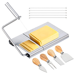 Ingcebo Stainless Steel Cheese Cutting Board with Wire Cutter, Cheese Slicer Cutter with 4 Cheese Knives Set and 5 Replacement Wires for Cutting Cheese