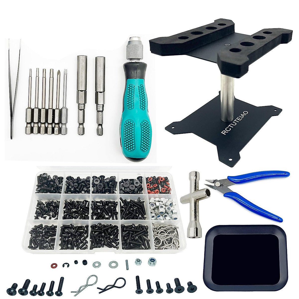RC Car Tool Stand Repair Work RC Screws Kit 600PCS & RC Screwdrivers and Screws Pallet Kit 360 Degree Rotation for 1/8 1/10 1/12 1/16 1/18 RC Car Truck Crawler (Black)