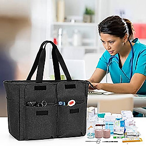 CURMIO Home Health Nurse Tote Bag, Medical Supplies Bag for Work with Padded Laptop Sleeve and Multiple Pockets for Nursing Students, Doctors, Black