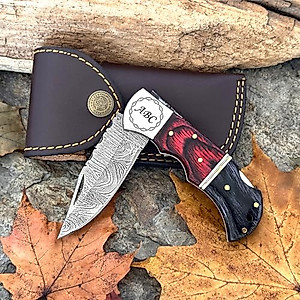 WINTERFELL Personalized Engraved Folding Pocket Knife for Men, Customized Christmas Gifts for Husband, Dad, Boyfriend, Damascus Steel Groomsman Gift Knives, 100% Handmade Knife with Leather Sheath