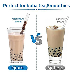 RENYIH 10 Pcs Reusable Glass Boba Straws,9''x14 mm Wide Glass Drinking Straws Jumbo Smoothie Straws for Bubble Tea,Milkshakes,Set of 5 Straight and 5 Bent with 2 Cleaning Brushes -Dishwasher Safe