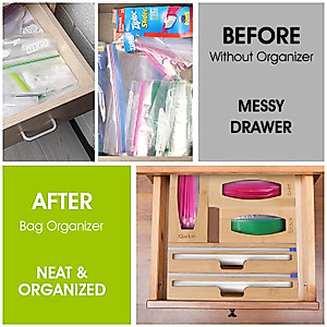 OTLS Storage Bag Organizer for Kitchen Drawer, 6 in 1 Foil and Plastic Wrap Organizer with Cutter, Bamboo Bag Organizer for Drawer with Separate Boxes for Gallon, Sandwich, Quart & Snack