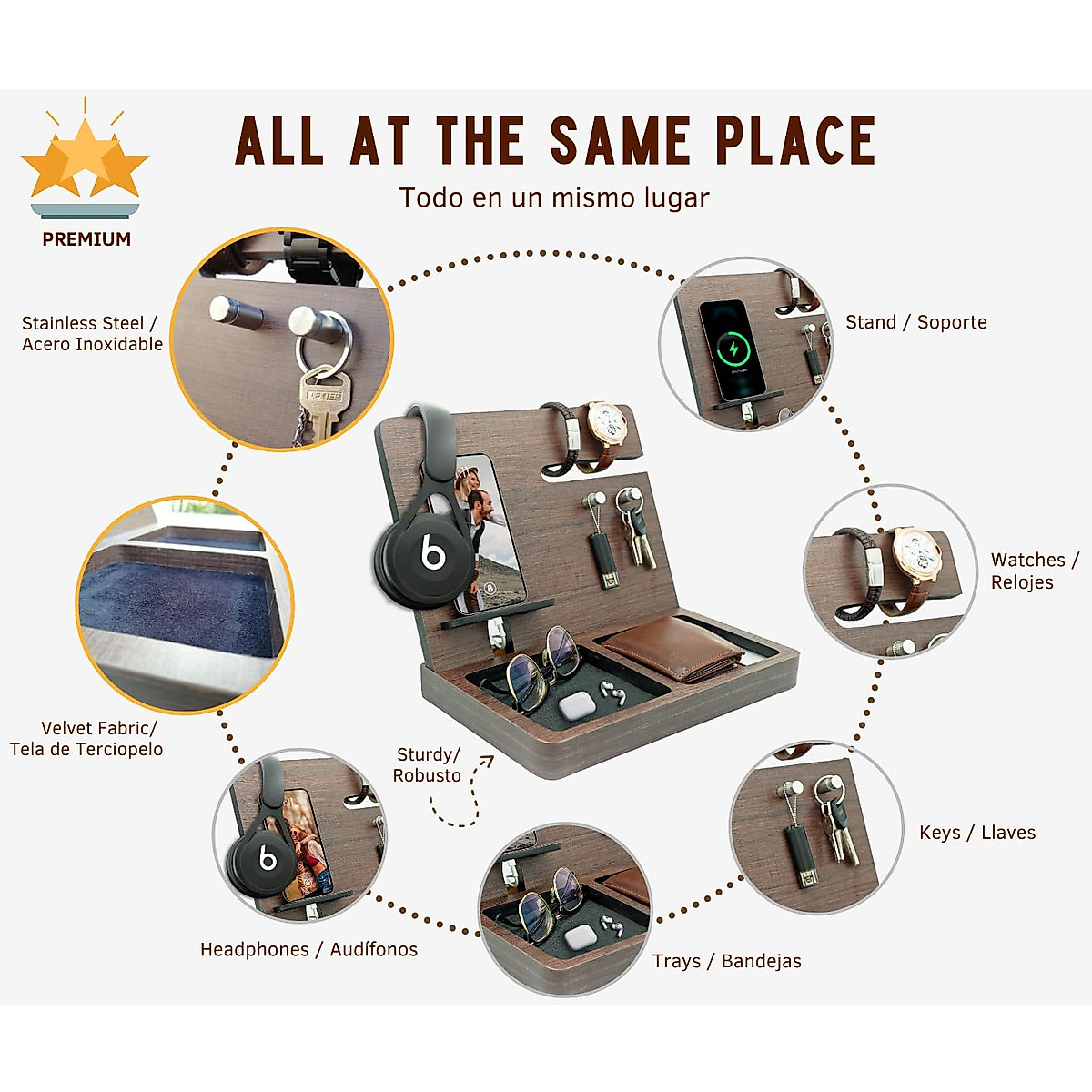 Namore | Gift for Men Husband, Anniversary, Birthday | Wood Phone Docking Station | Ideal as Office and Nightstand Organizer | Organize your Watch, Wallet, Cellphone, Keys, Airpods