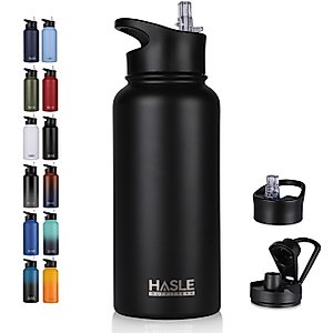 HASLE OUTFITTERS 32 oz Insulated Water Bottle Stainless Steel Double Walled Vacuum Sports Water Bottle with 2 Lids (Straw and Spout Lid) for Gym Camping Hiking(Black,1)