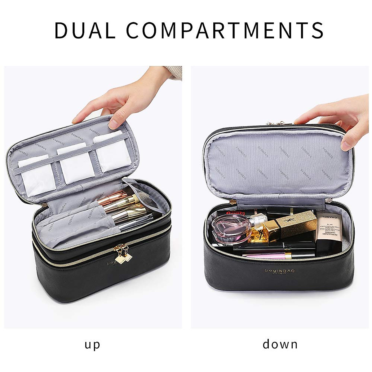 iN. Multifunction Dual Compartment Portable Waterproof Cosmetic Bag Travel Makeup Case With Handle -Two Storage Compartments Space Fits ALL Your Makeup and Lipstick Train Case for Womens