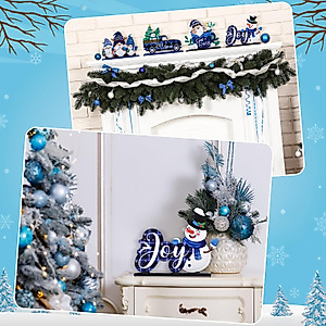 Huwena 5 Pcs Christmas Table Decorations Wooden Xmas Table Centerpiece Signs Joy Snowman Gnomes Table Signs Buffalo Plaid Christmas Decors for Winter Holiday Tiered Tray Table Top Decor(Blue)