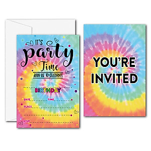 Disfuco Tie Dye Birthday Party Invitations - Tie Dye Party Supplies - Fill in The Blank Birthday Party Invites - 20 Invitation Cards With 20 Envelopes (007A)