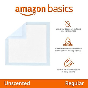Amazon Basics Dog and Puppy Pee Pads with 5-Layer Leak-Proof Design and Quick-Dry Surface for Potty Training, Standard Absorbency, Regular Size, 22 x 22 Inch - Pack of 50, Blue & White