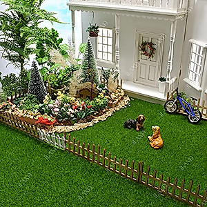 iland Fairy Garden Miniatures of Artificial Grass 4 Sheets 11.8"x 11.8" w/ 10pcs Miniature Fences & 2 Fence Doors & 1 Sign, Fake Grass for Crafts & Dollhouse Garden