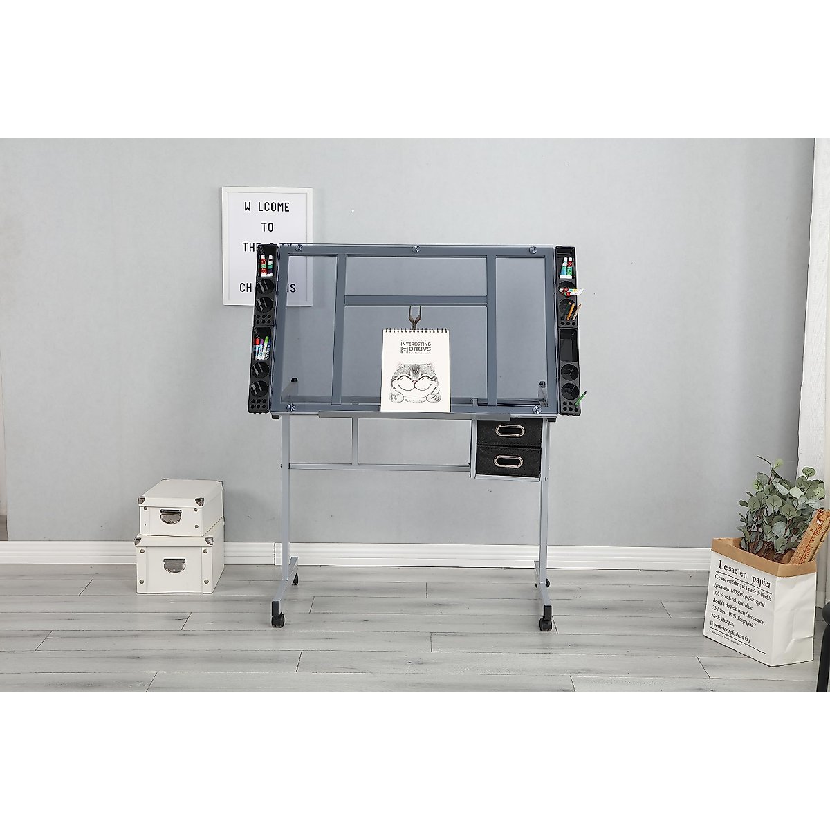 Olela Drafting Desk, Height Adjustable Drafting Table Versatile Art Craft Artists Paintings Storage Work Station with Tilting Temped Glasses Tabletop and Stool (Drawing Table - 3)