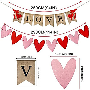 Valentines Day Decor, Love Burlap Banner Valentines Decorations Hanging Heart Garland Rustic Valentine Décor for Home Red Glittery Heart Banner Decor for Mantle Fireplace Wall