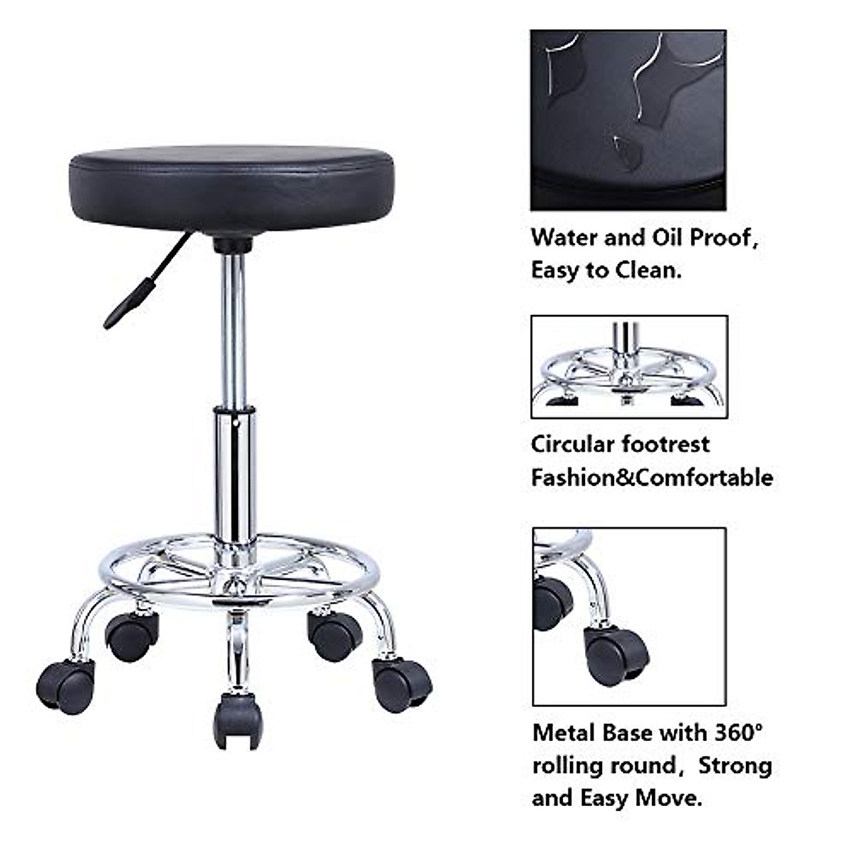 KKTONER PU Leather Round Rolling Stool with Foot Rest Swivel Height Adjustment Spa Drafting Salon Tattoo Work Office Massage Stools Task Chair Cushion 14 inches (Black)