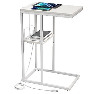 Yoobure C Shaped End Table with Charging Station, Small Side Tables for Living Room Bedroom, Sofa Table with USB Ports and Outlets for Small Spaces, Couch Table Rustic Snack Table Bed Side Table