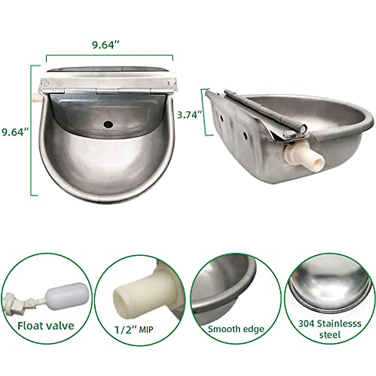 Automatic Cow Drinking Water Bowl,304 Stainless Steel Animal Waterer Bowl for Horse,Goat,Pig,Dog, with 1/2 Float Valve