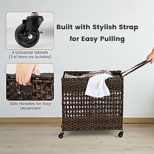 Giantex Laundry Hamper with Wheels and Lid, 33 Gal (125L) Wicker Laundry Basket, 2 Removable Liner Bags, Handles and Pulling Strap, Synthetic Rattan Laundry Hamper Clothes Storage Organizer (Brown)