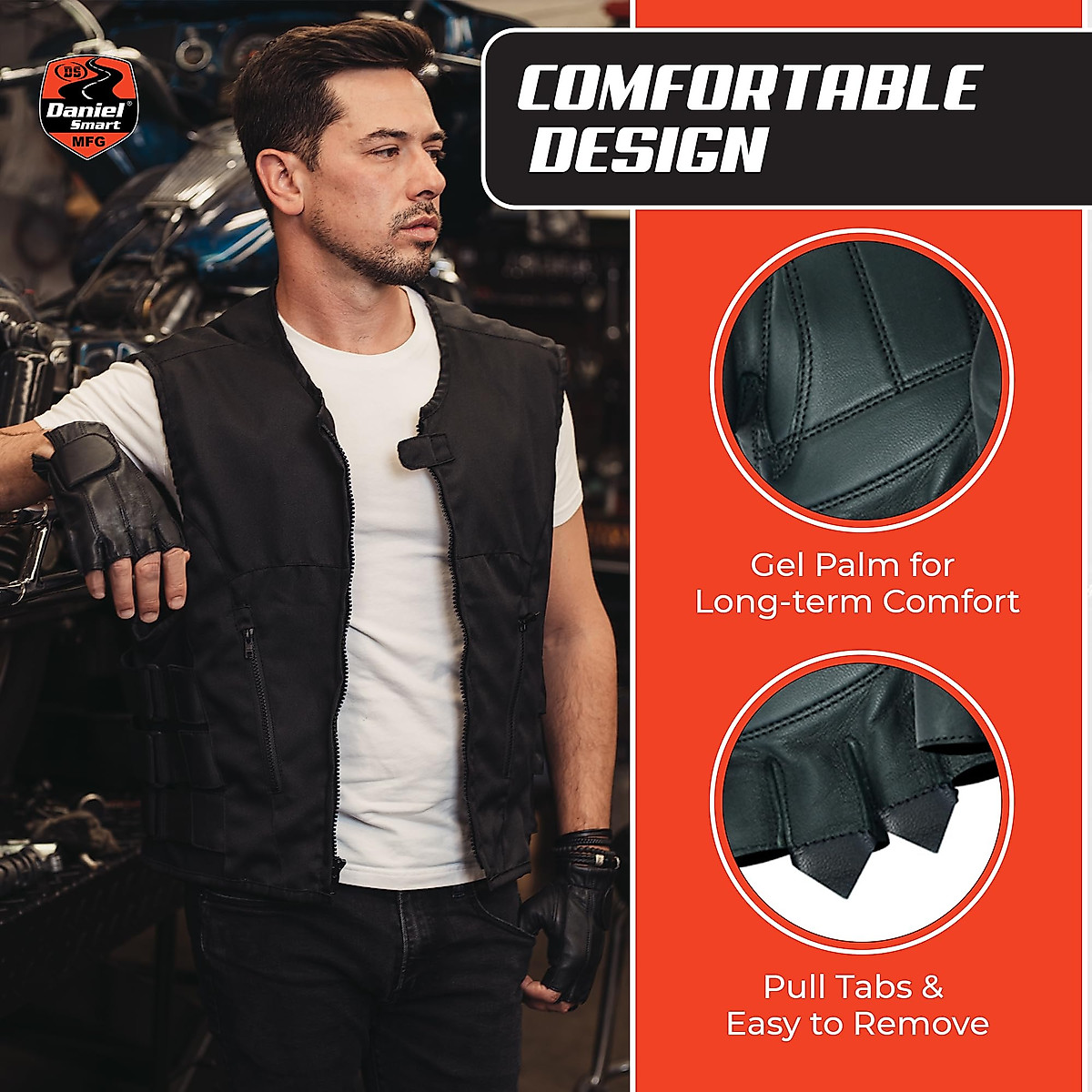 Daniel Smart Deerskin Leather Motorcycle Gloves for Men Fingerless Biker Gloves with Gel Palm and Wrist Strap