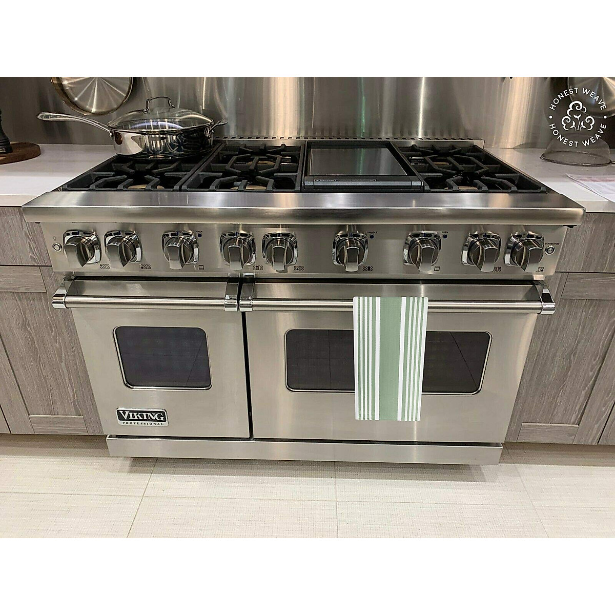 HONEST WEAVE GOTS Certified Organic Cotton Kitchen Hand and Dish Towel Sets - Oversized 20x30 inches, Fully Hemmed, in Designer Colors, 6-Pack, Sage Stripe